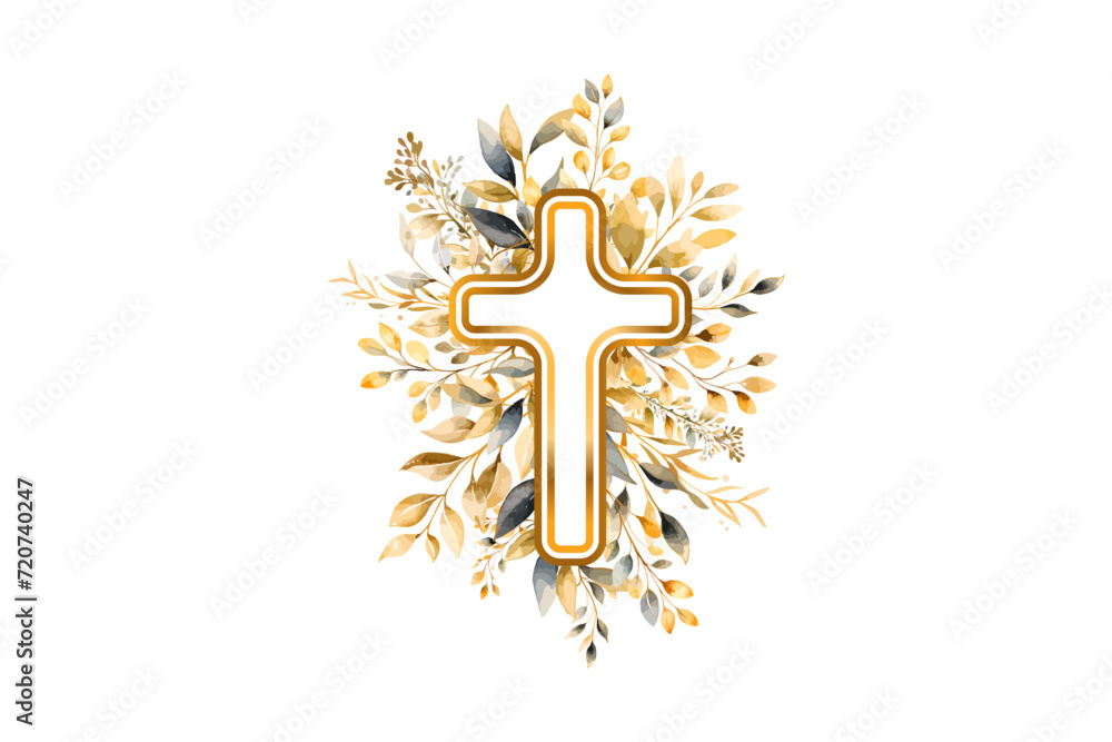 Botanical watercolor greenery and golden cross. Baptism Christening ...