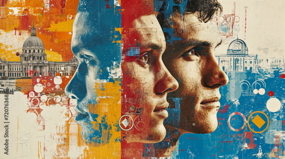 Two faces overlap with Parisian landmarks and Olympic symbols ...