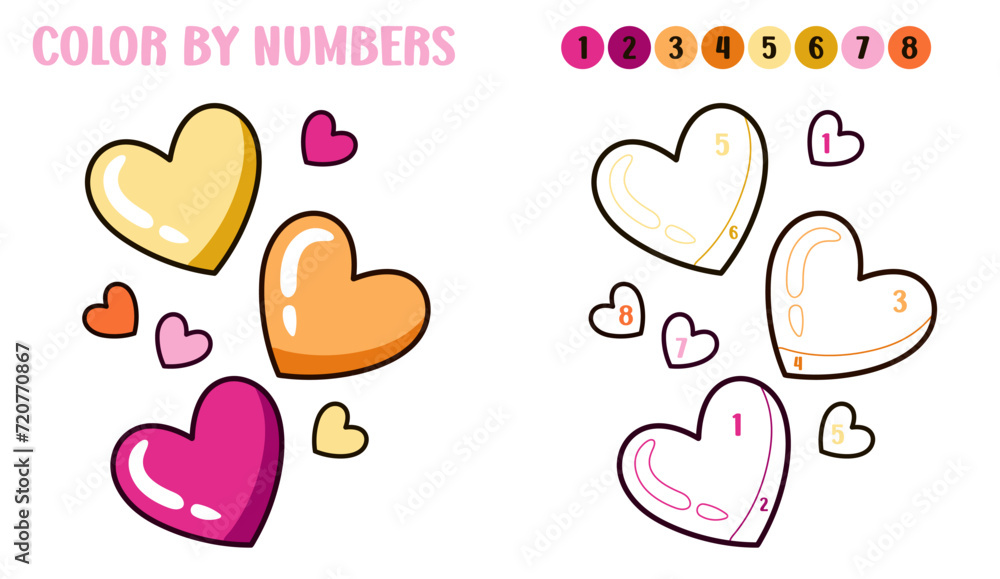 Color by numbers hearts. Printable game for children education ...