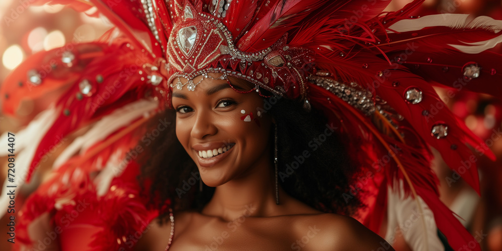 Woman in costume dancing samba, Radiant Brazilian carnival queen in a ...