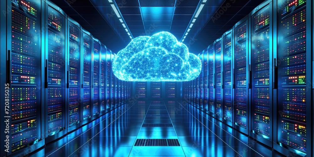 Data center with blue luminous cloud network and rows of server racks, modern cloud computing in ...