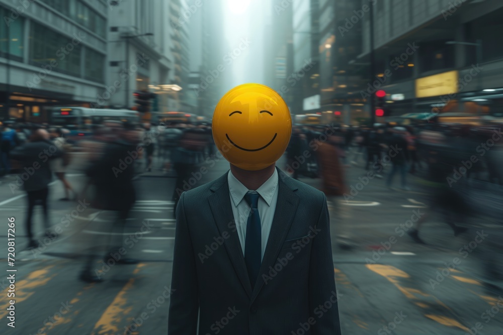 Man in a suit with large smiley face emoticon or emoji as a head ...