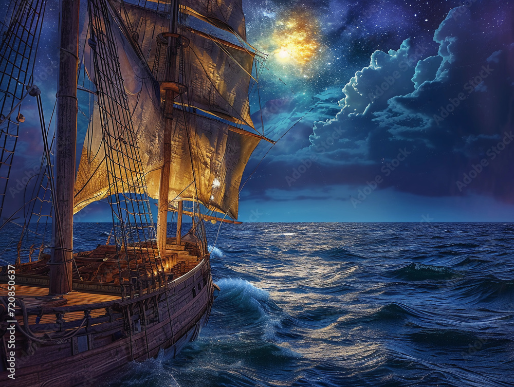 ancient sailing ship on the high seas, detailed wooden deck and sails ...