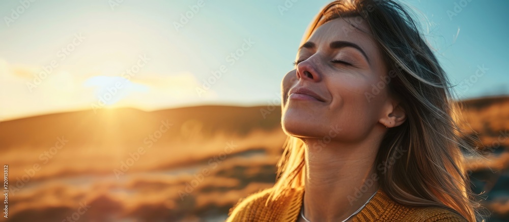 Thankful person meditating, opening eye to sky with hope and faith ...