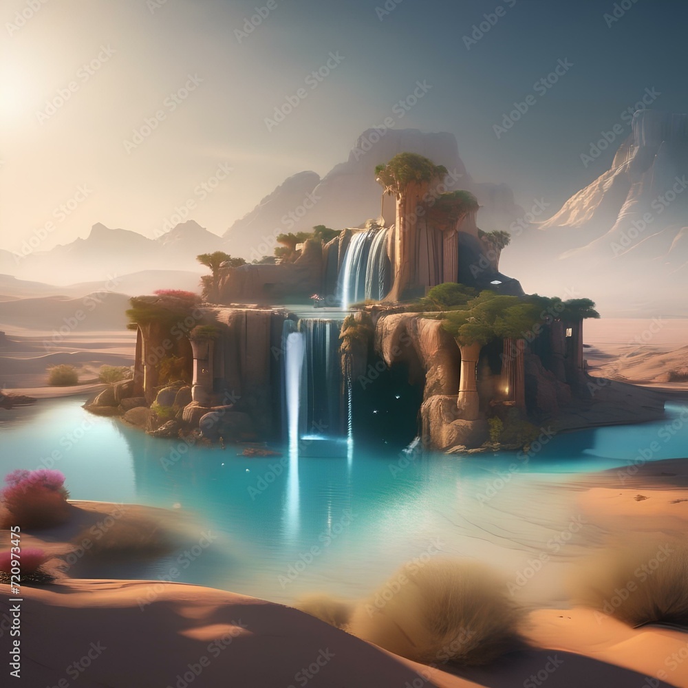 Surreal surreal desert oasis, floating islands with cascading ...