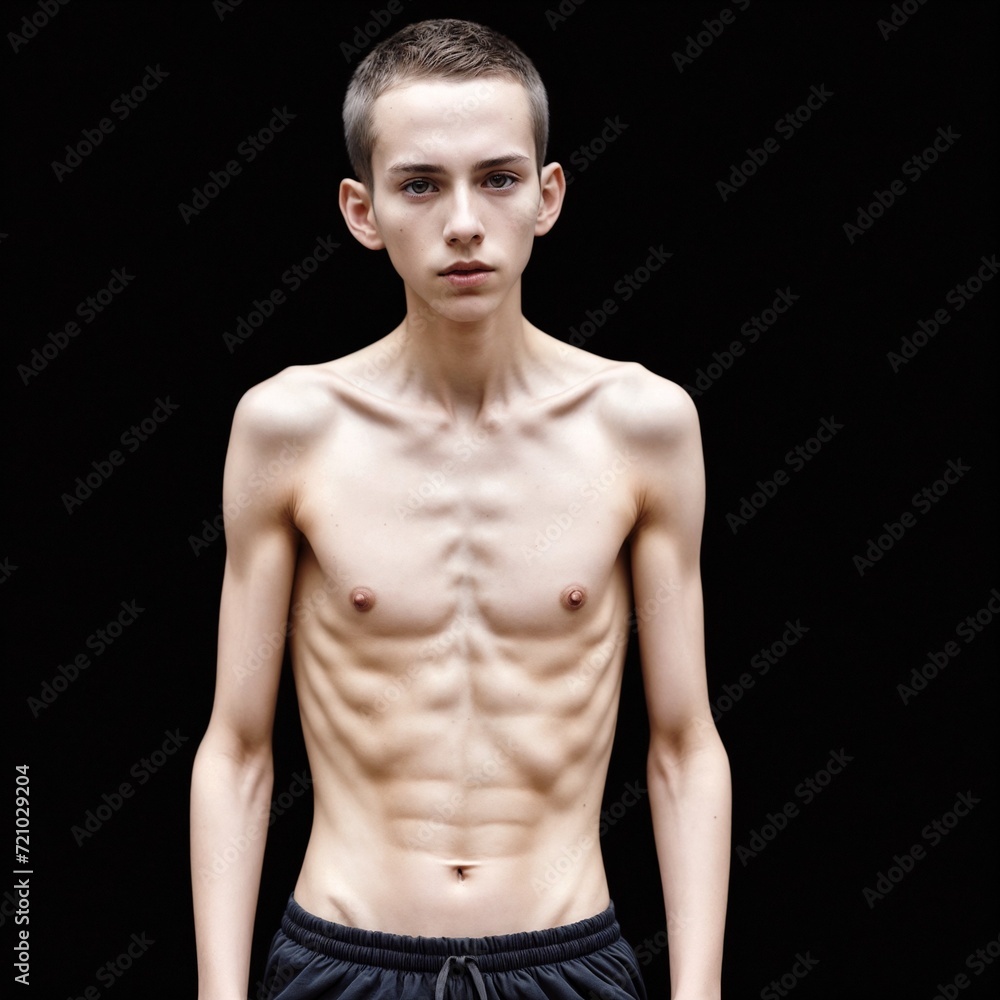 AI generated illustration of a skinny shirtless male model posing against a black background ...