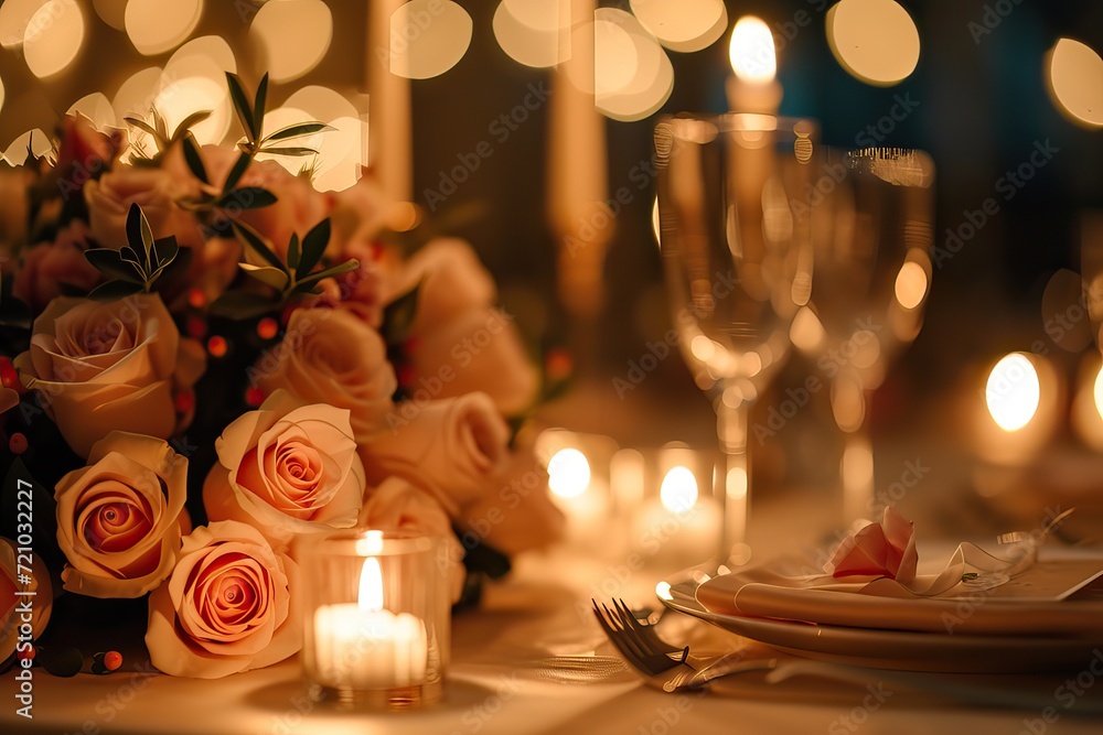 An intimate dinner setup with flickering candles, fine dining settings ...