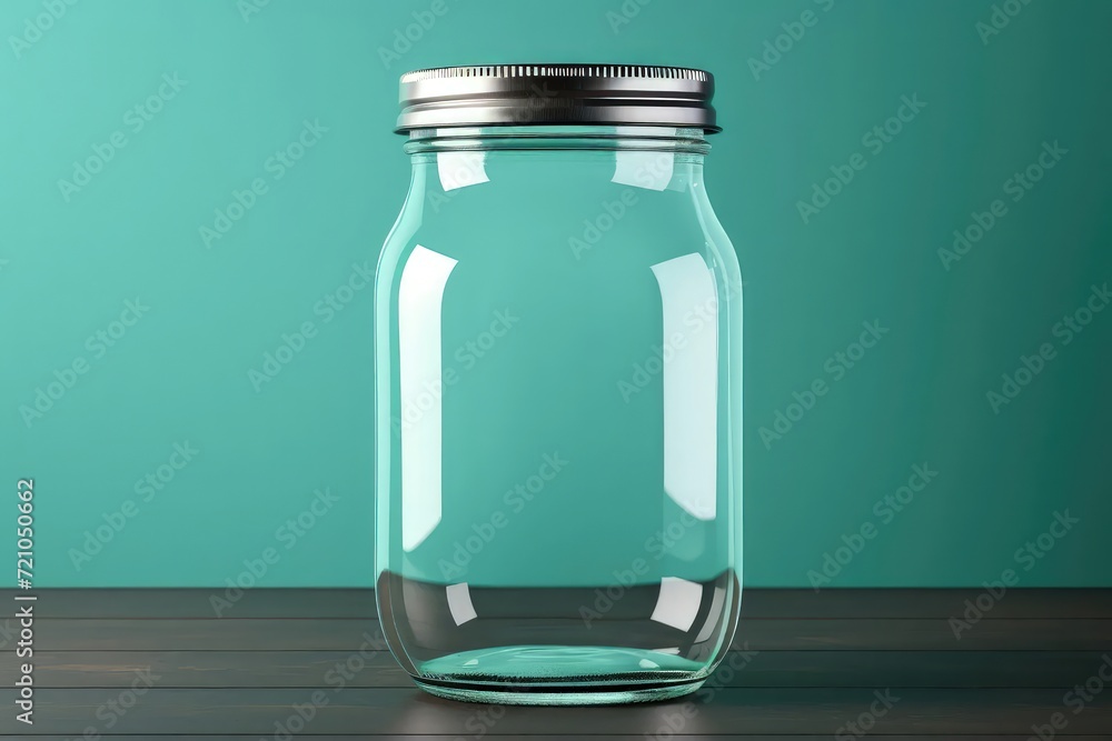 A glass jar mockup placed on a dark wood table offers a sophisticated ...