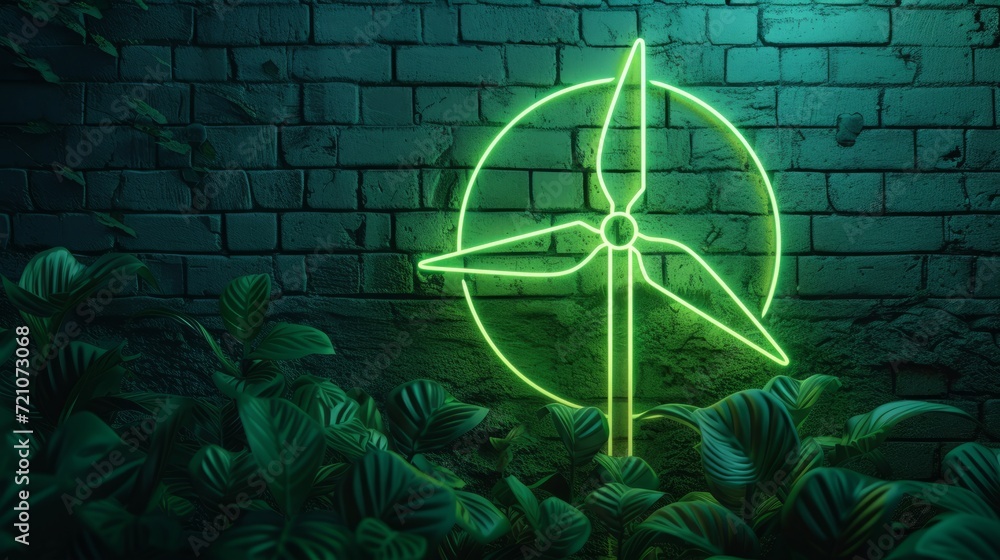Green Neon lights of Eco Wind Turbine on Wall Brick Background. Green ...
