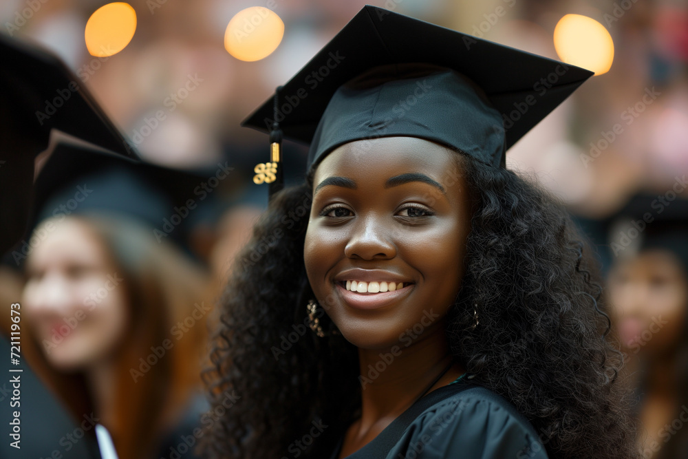 Young happy African American woman graduating from or university. Close up photography of a ...