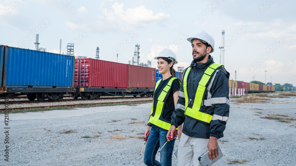 Team of engineer railway wearing safety uniform and helmet under ...