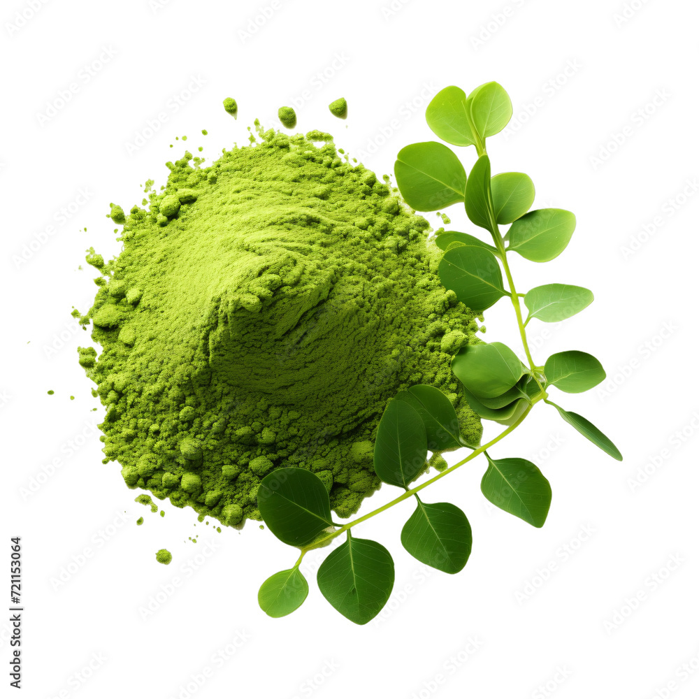 freshly ground moringa powder isolated on a white or transparent ...