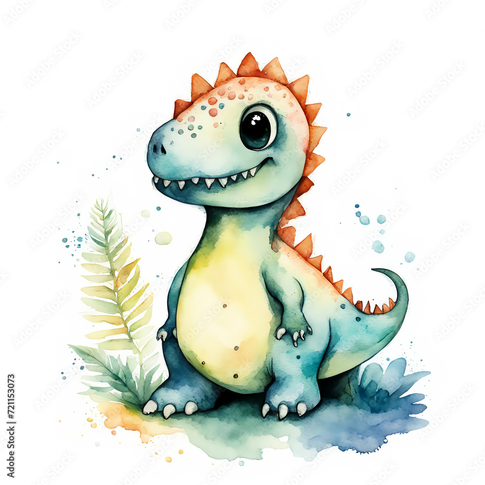 Cute little colored dinosaur, an extinct animal. watercolor ...
