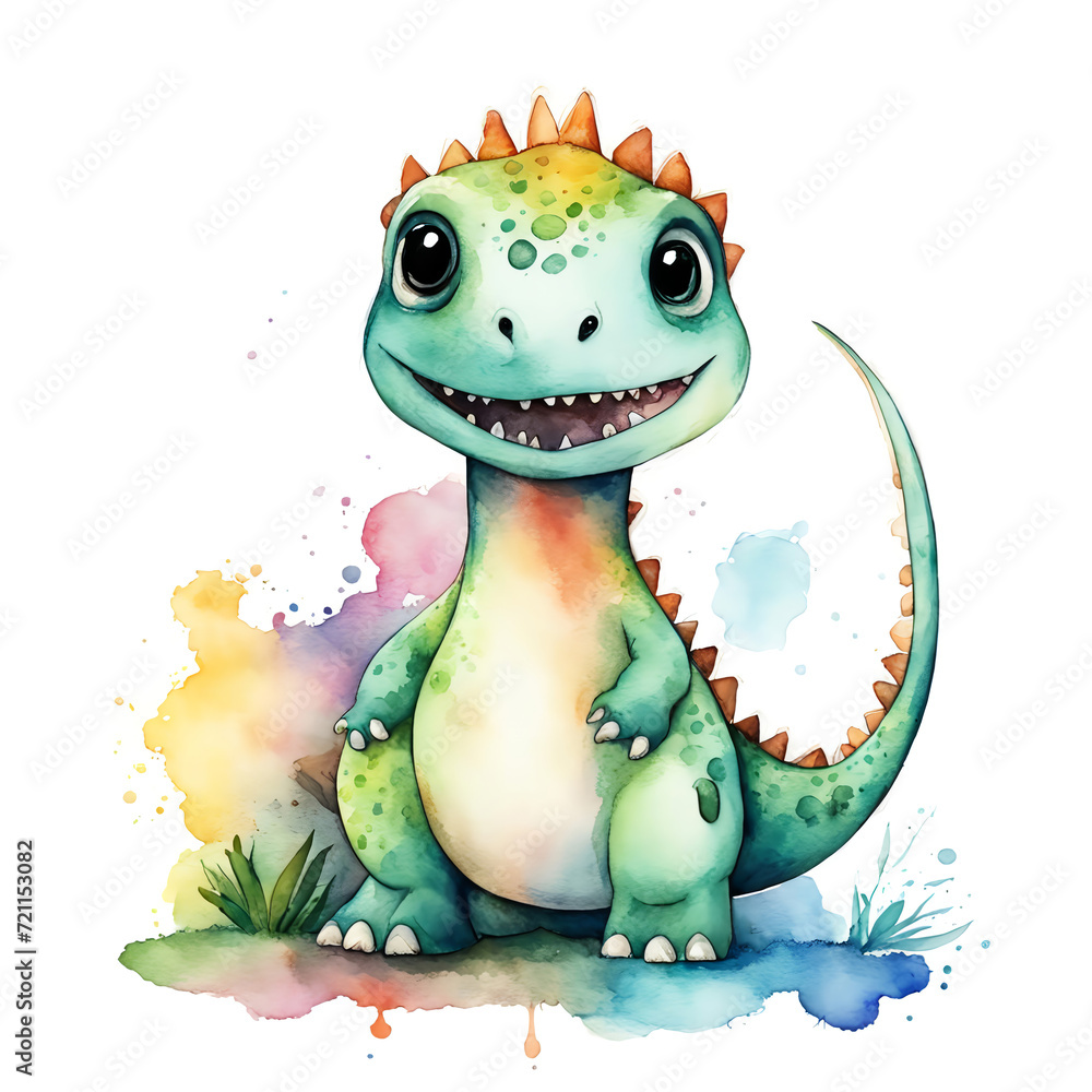 Cute little colored dinosaur, an extinct animal. watercolor ...