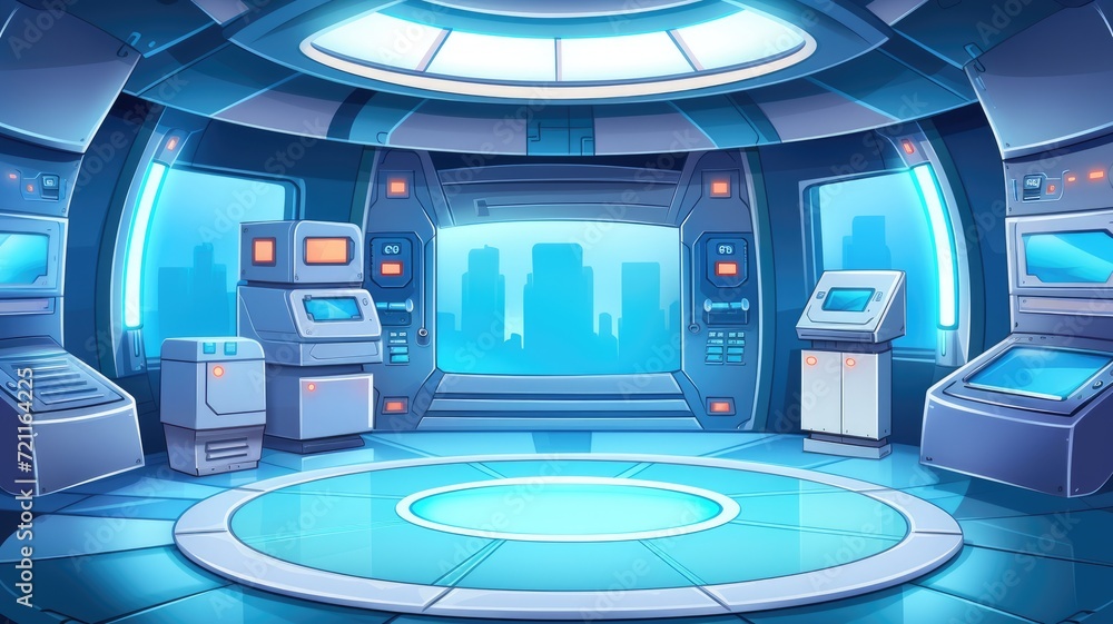 cartoon A futuristic control room with advanced technology and a ...