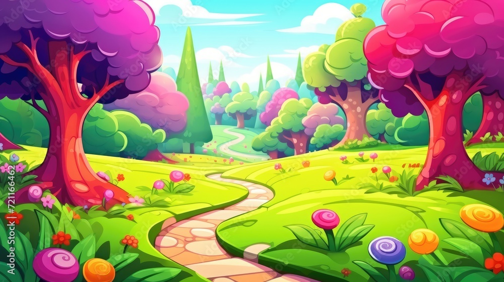 cartoon landscape with colorful trees, a winding path, and bright ...