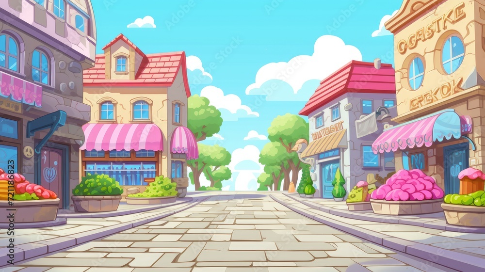 cartoon illustration city street with various shops and a clear blue ...