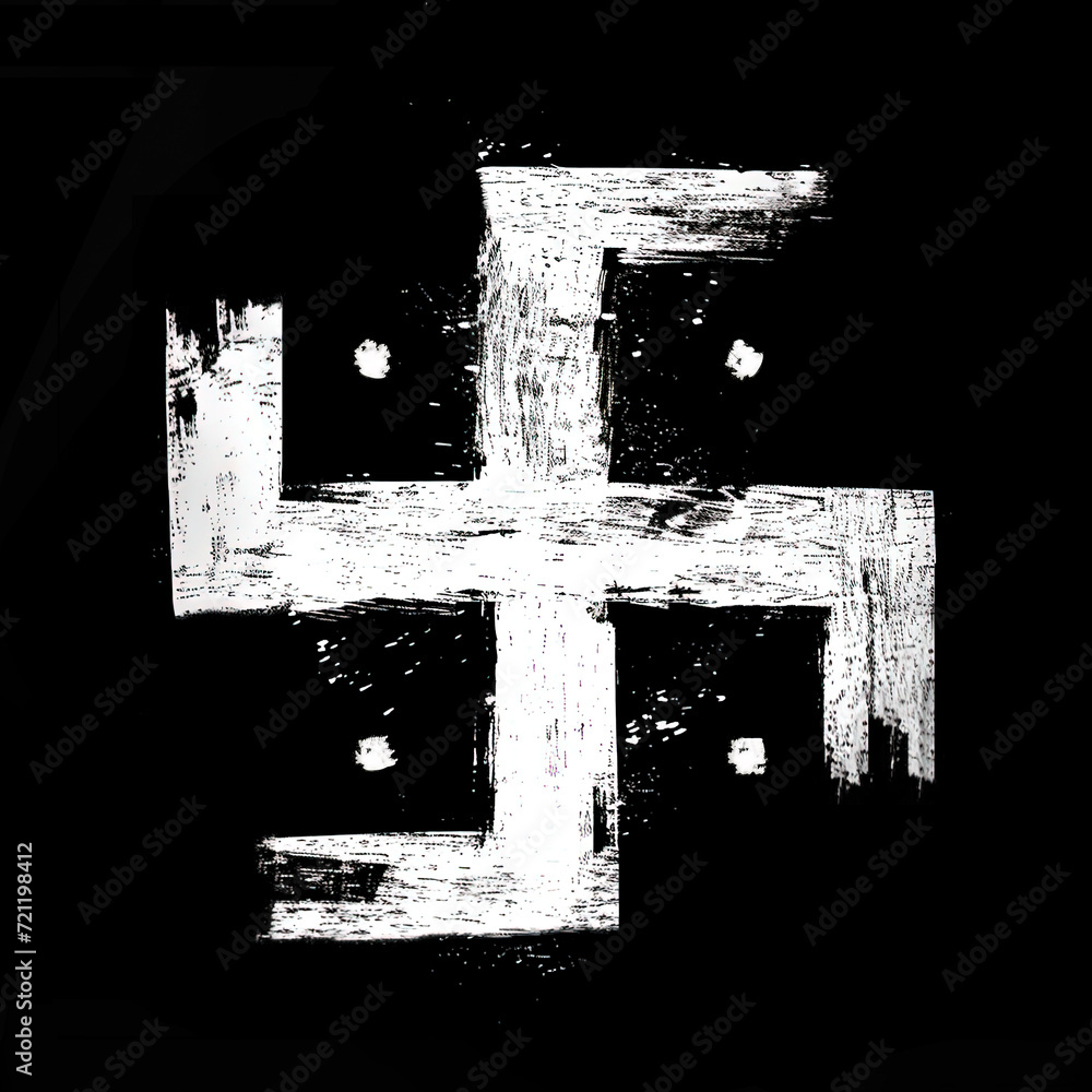A crudely hand-drawn white and black swastika, ancient Indian symbol ...