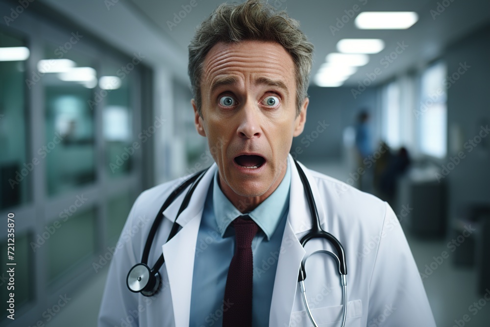 Gray haired mature doctor with a stethoscope in the hospital hall with ...