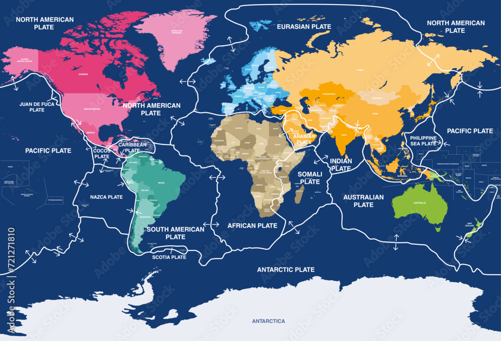 Tectonic plates on Earth's surface. World map with names of countries ...