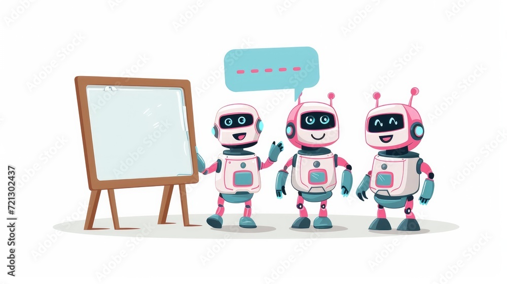 Robot presentation characters vector set. Robotic character showing whiteboard and speech bubble ...