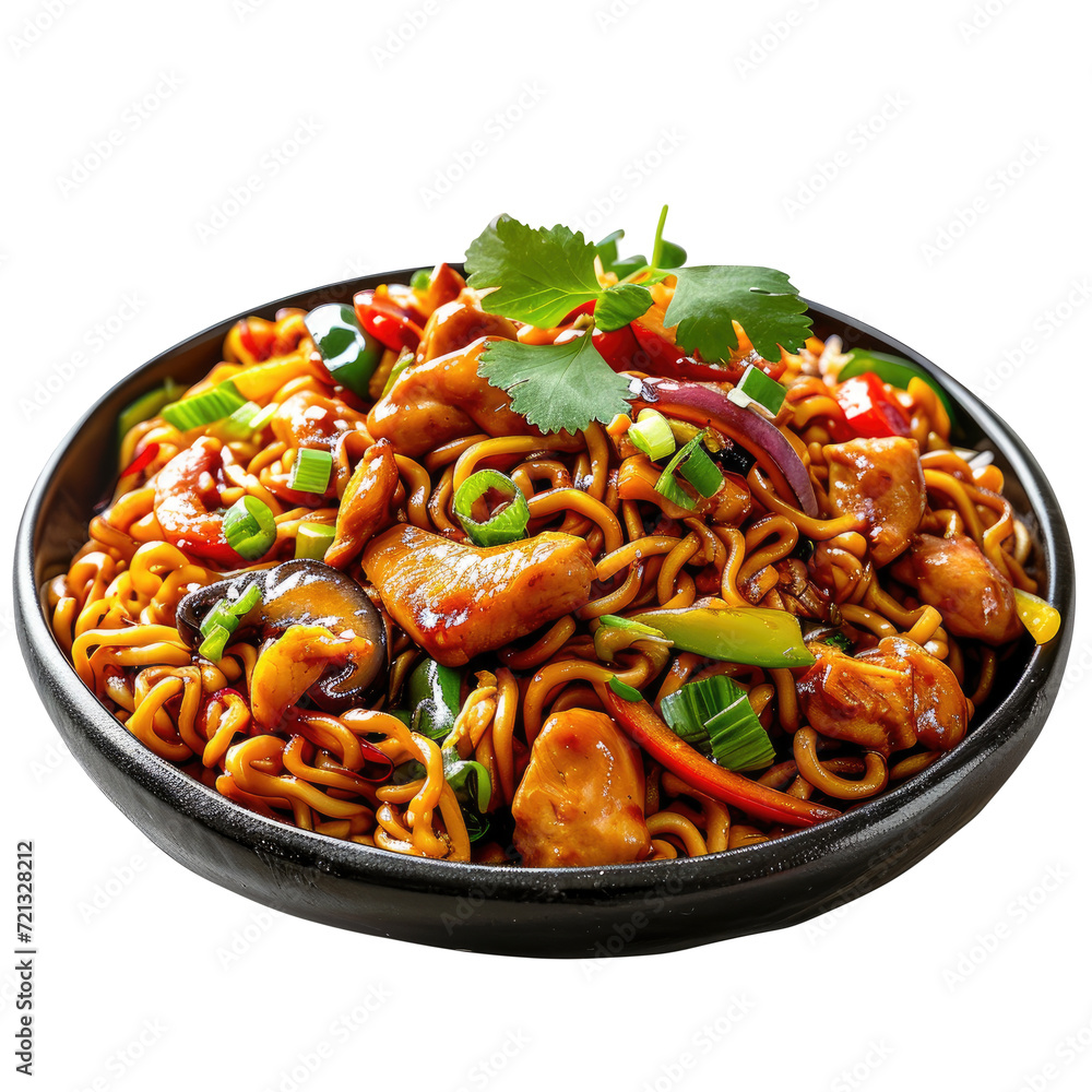 Bami, Fried noodles Asian food. Top view. Noodles with chicken and ...