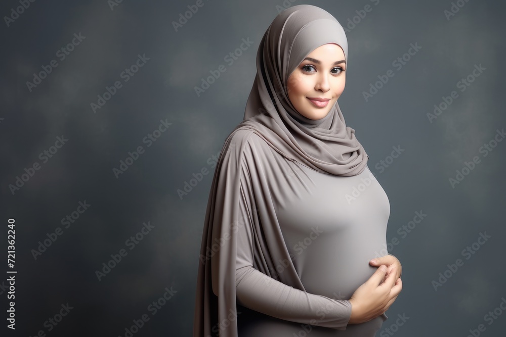 A woman stands in a gray dress, striking a pose as she poses for a ...