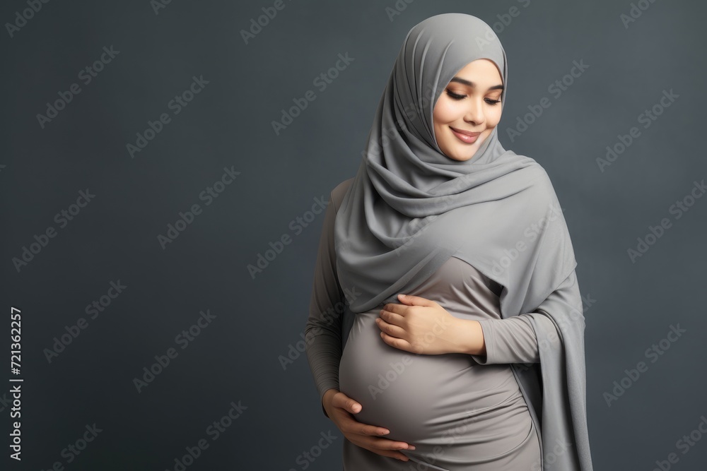 A photograph of a pregnant woman gracefully donning a gray hijab ...