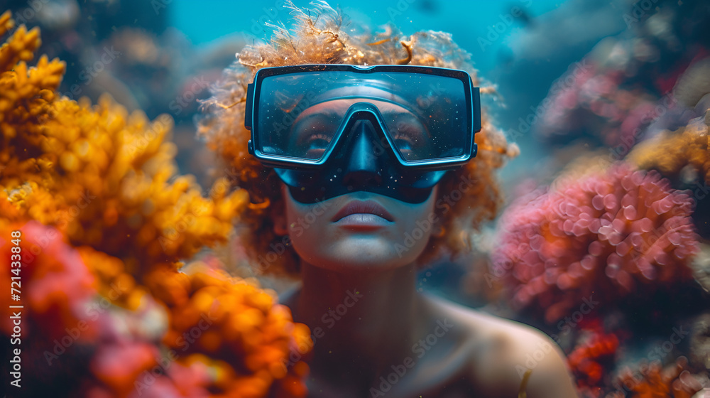 A person exploring a wondrous virtual ocean with vibrant coral reefs ...