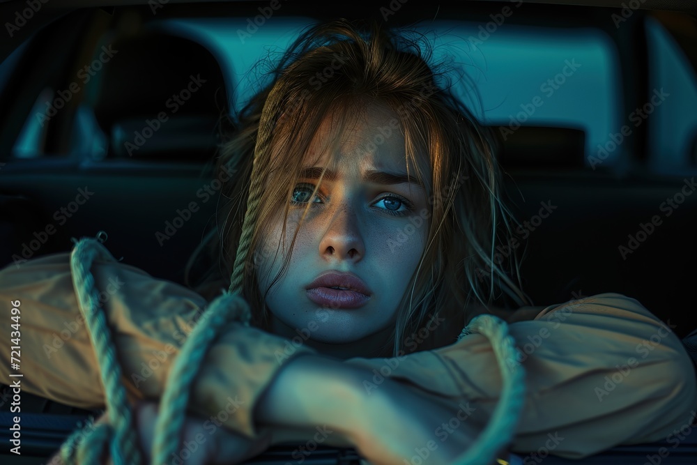 kidnapped Tied up woman girl lying in the car, security concept, Scare at parking car place ...