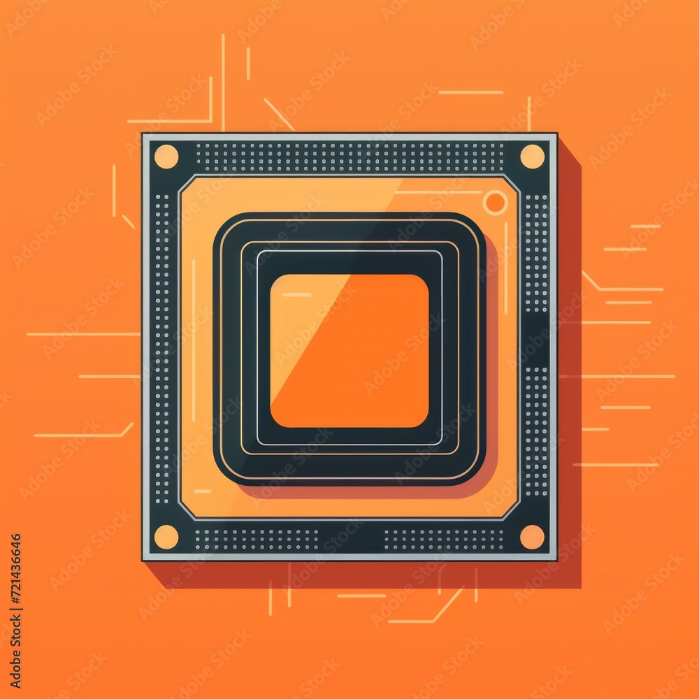 Flat image of a CPU on an orange background. Simple vector icon of the ...