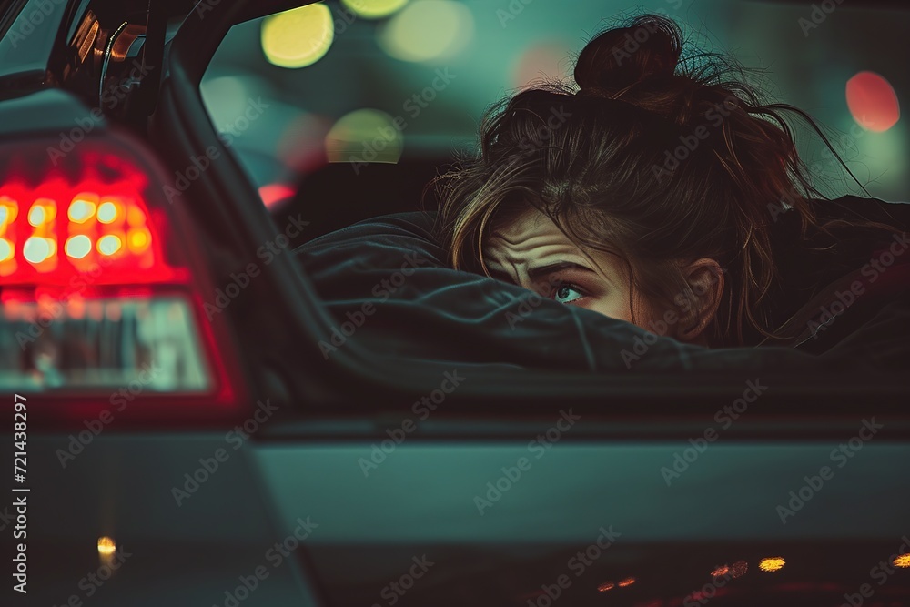 Photo Stock kidnapped woman lies in the trunk of a car, security ...