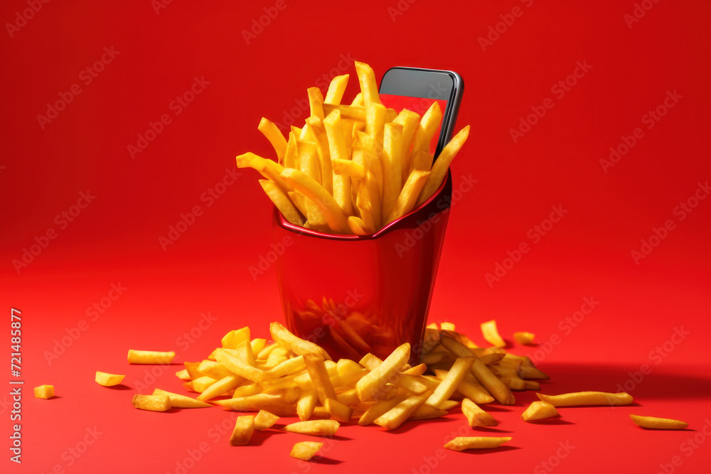 Delicious fresh French fries and smartphone in a cardboard pack on a ...