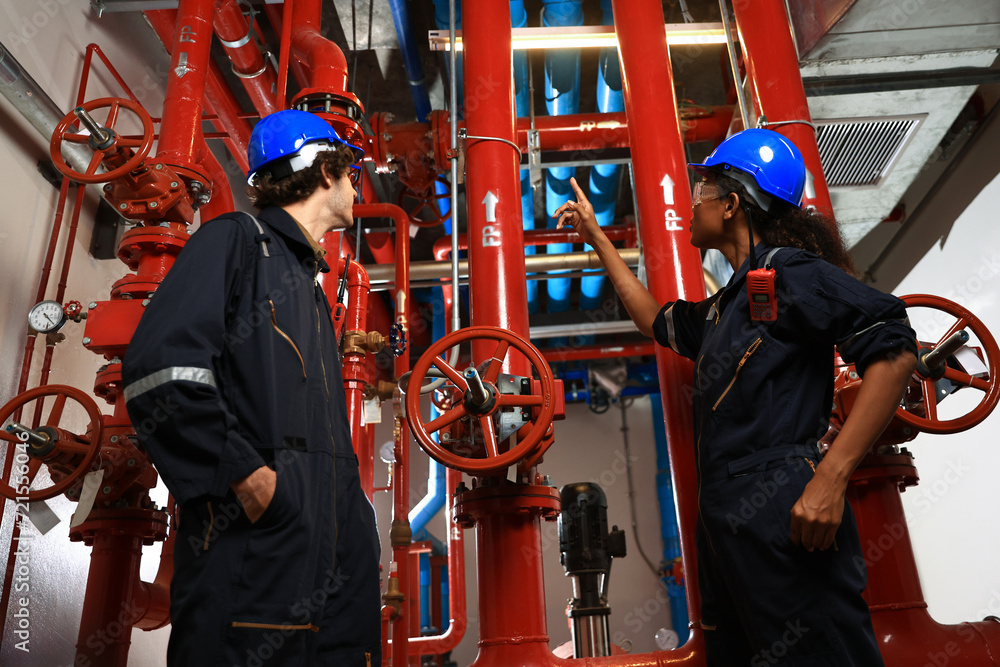 Male and Female engineer working in fire extinguishing room ...
