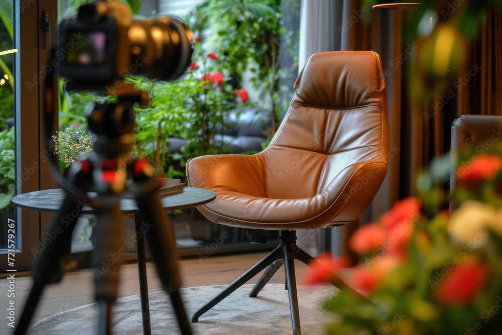 Professional camera set up focusing on an elegant brown leather ...