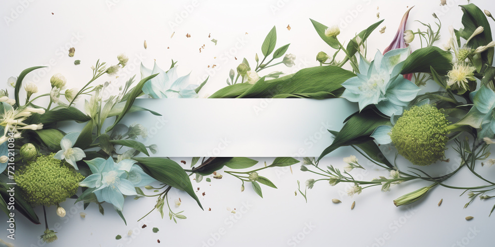 Elegant botanical banner design with a central white space, framed by a ...