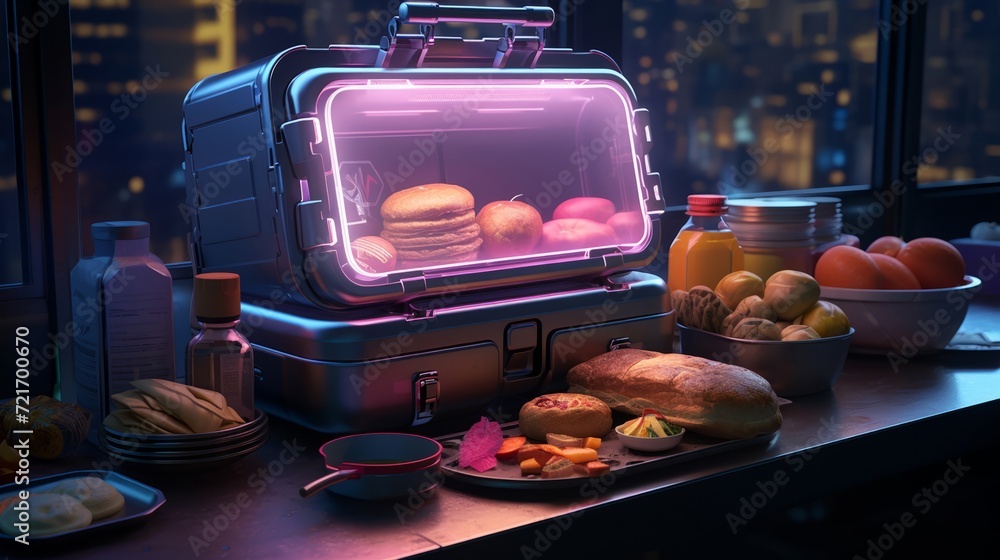 Cyberpunk graphic of a futuristic lunchbox with high-tech food items ...