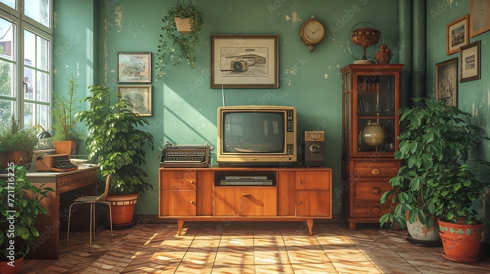 Generative AI : Retro living room design with old television, cabinet ...