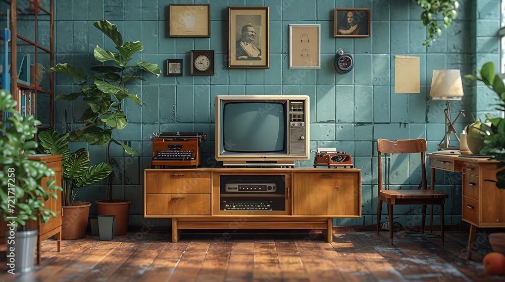 Generative AI : Retro living room design with old television, cabinet ...