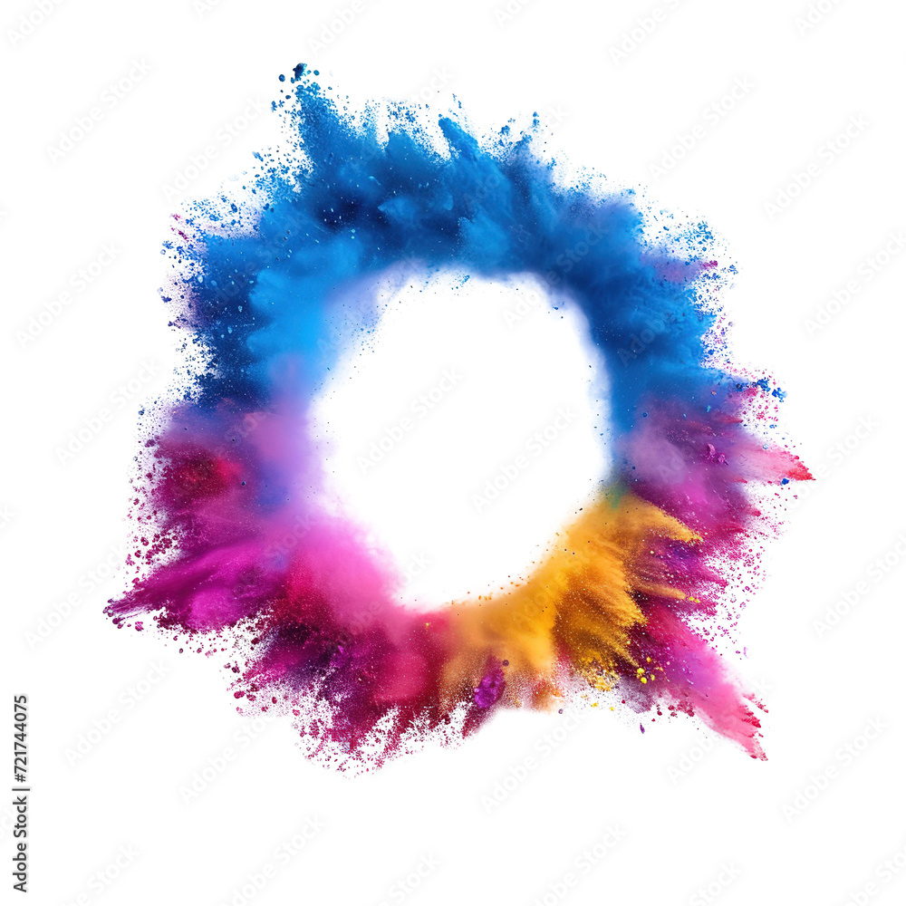Holi colors powder splash in round shape border on white background ...