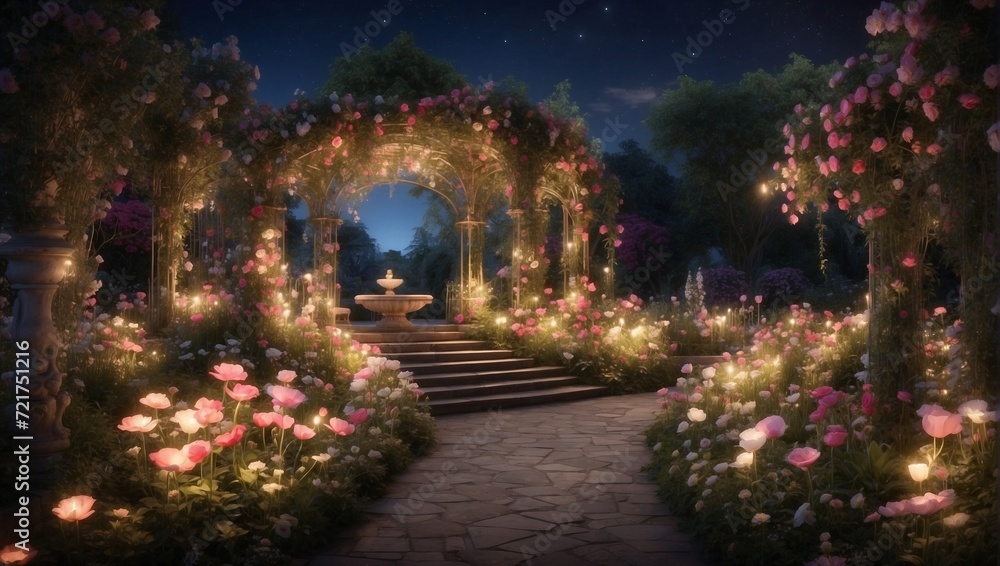 Stock-Illustration „An enchanted garden at night, with flowers that glow and whisper secrets to ...