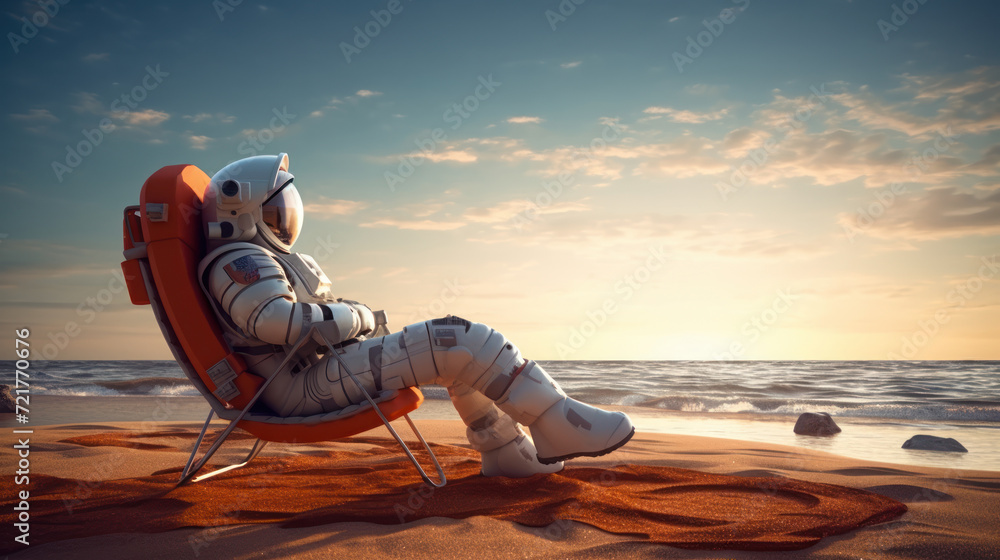 Astronaut relax on beach at the other planet abstract background ...