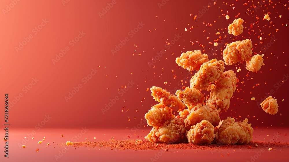 A dramatic presentation of spicy crispy fried chicken with an explosion ...