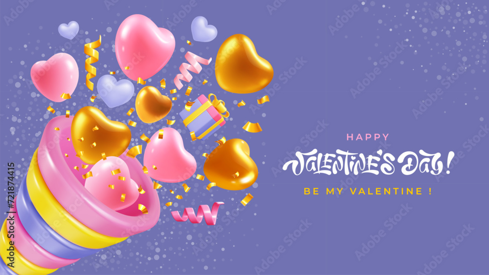 Happy Valentine's Day conceptual banner. 3d realistic party popper, hearts, confetti and gifts ...