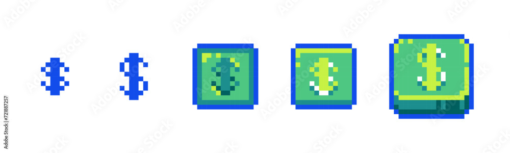 Pixel Money Icon Set for Retro Game UI. Retro 8-Bit Style Dollar ...