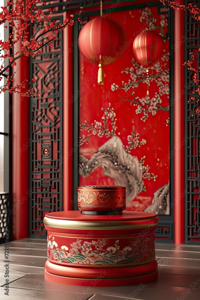 podium with Chinese background, mockup display stand for product ...