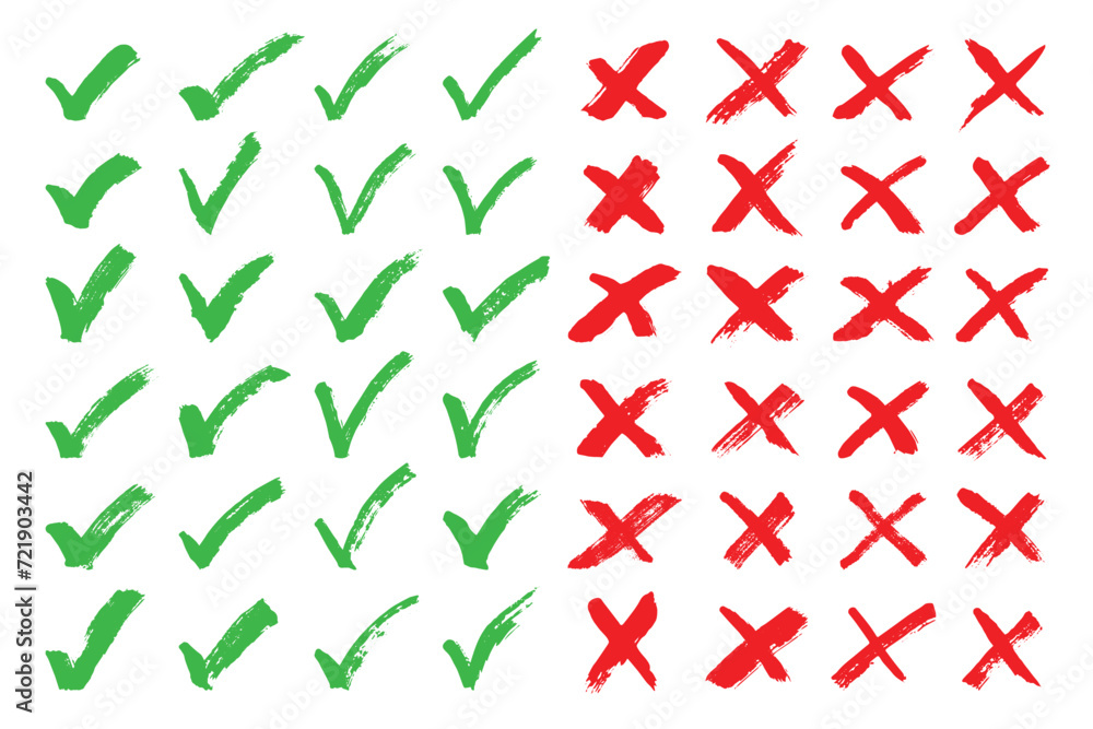 Hand drawn green check mark and red cross mark Marker right and wrong ...