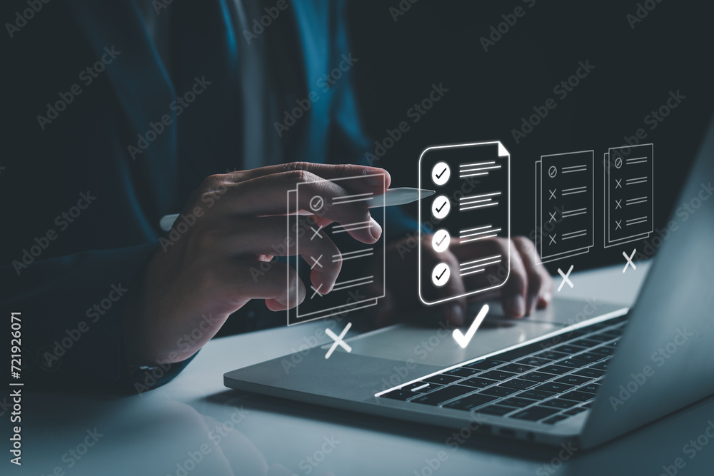 Check list concept. Businessman tick off questionnaire, survey, test ...
