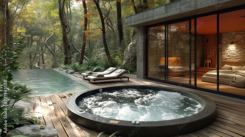 Oasis de luxe en plein air : Jacuzzi sur le pont en bois, détente parmi ...