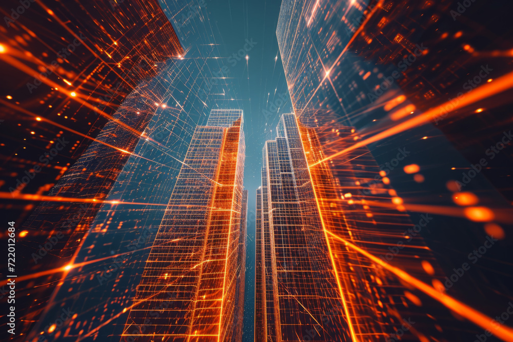 Abstract 3d city rendering with lines and digital elements. Digital ...